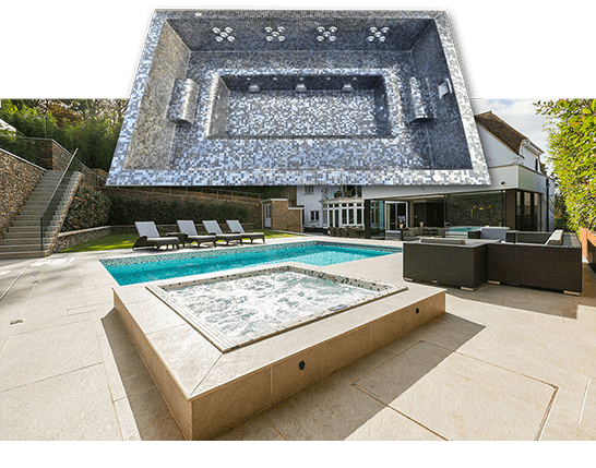 Discover High-End Mosaic Tiled Spas with Skimmers and Overflow